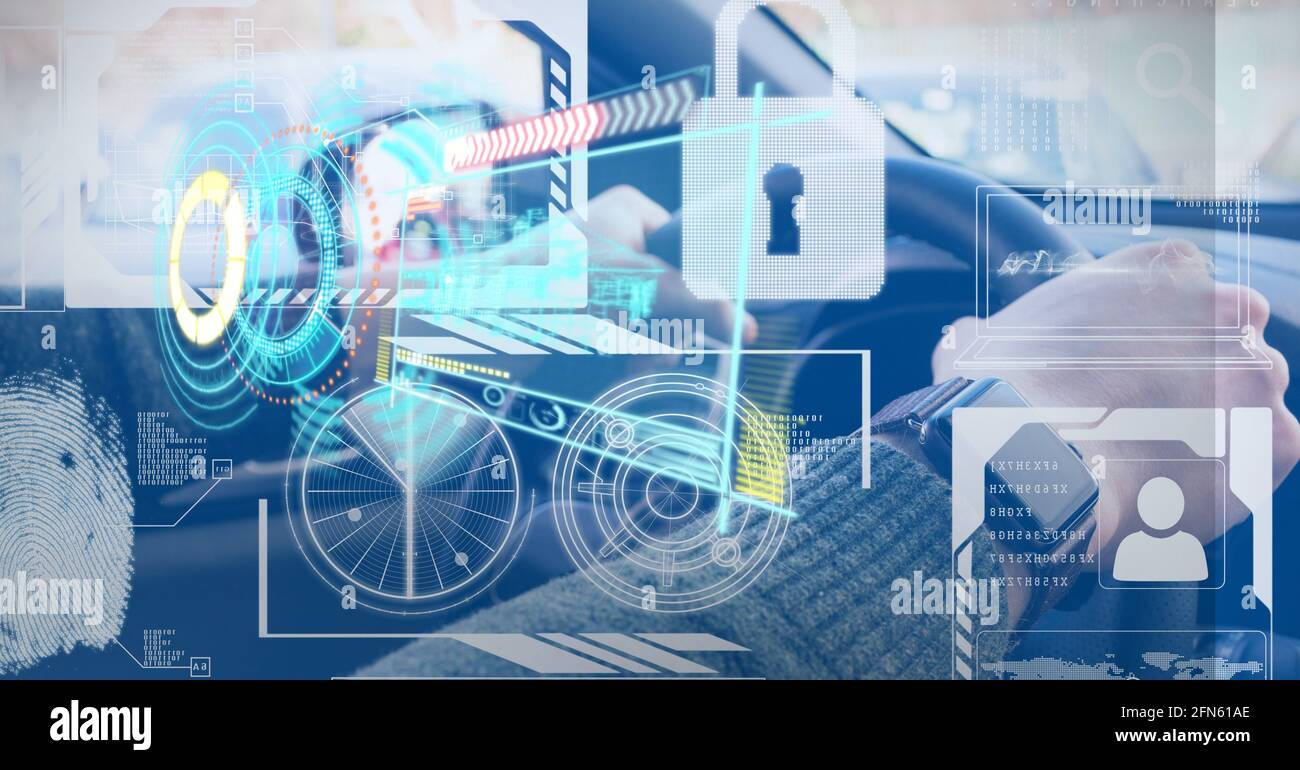 Composition of digital screen with data processing over man driving car ...