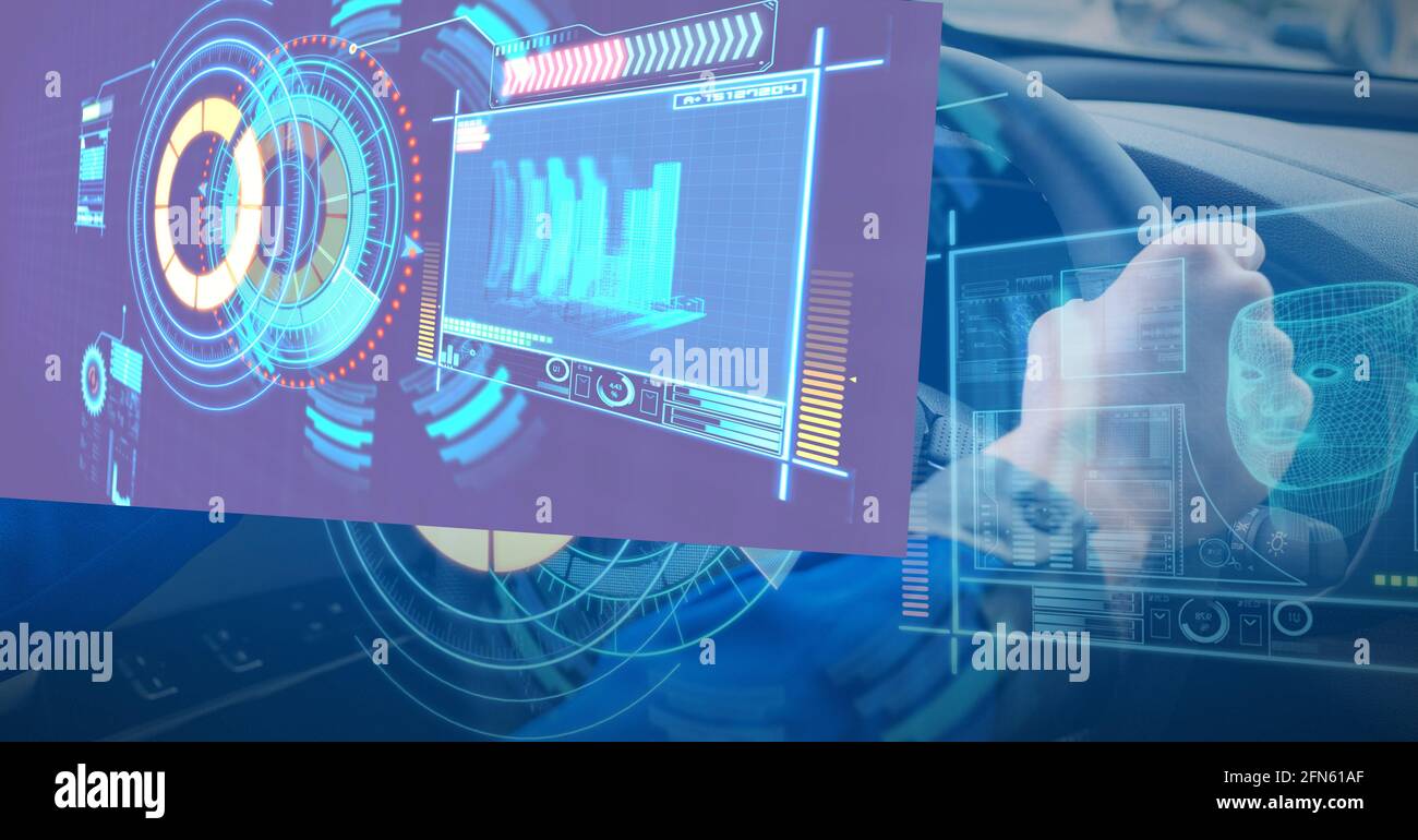 Composition of digital screen with data processing over man driving car ...