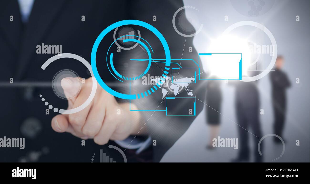 Composition of businessman touching interactive screen with scopes and data processing Stock ...