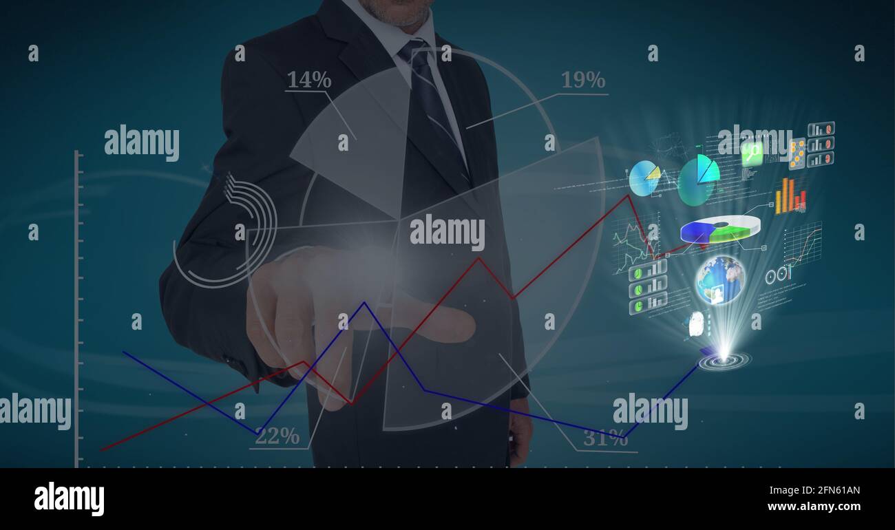 Composition of businessman touching interactive screen with data processing Stock Photo - Alamy