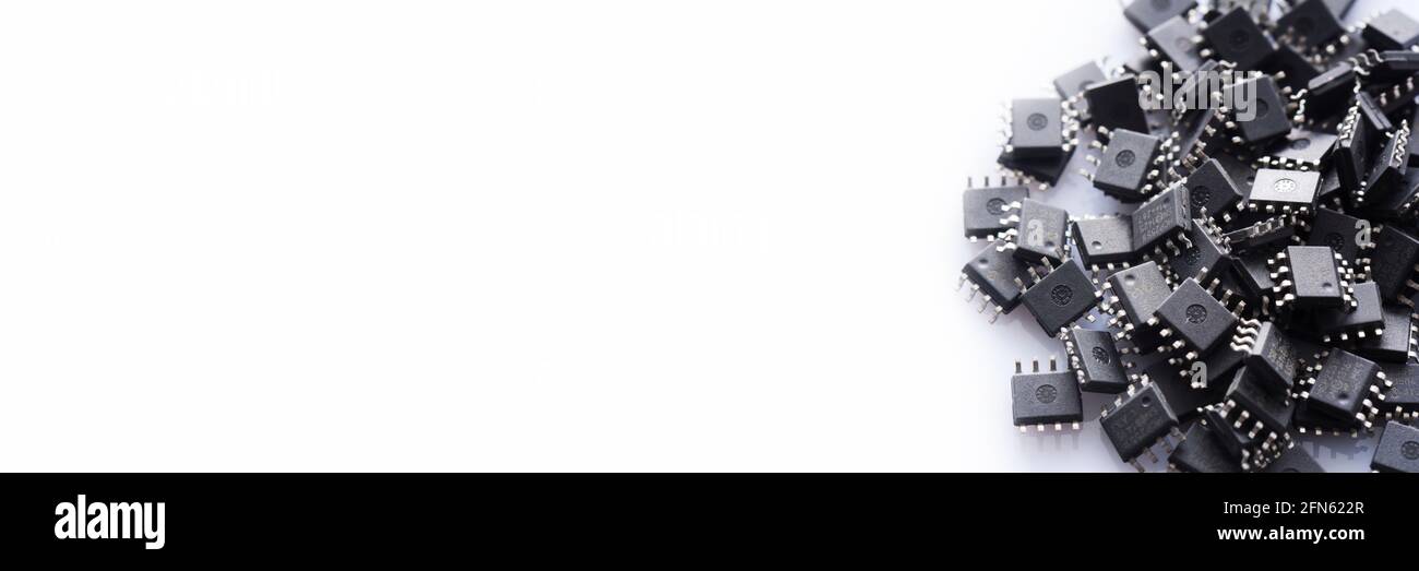 Panoramic banner Pile of Integrated circuit chip on white background ...