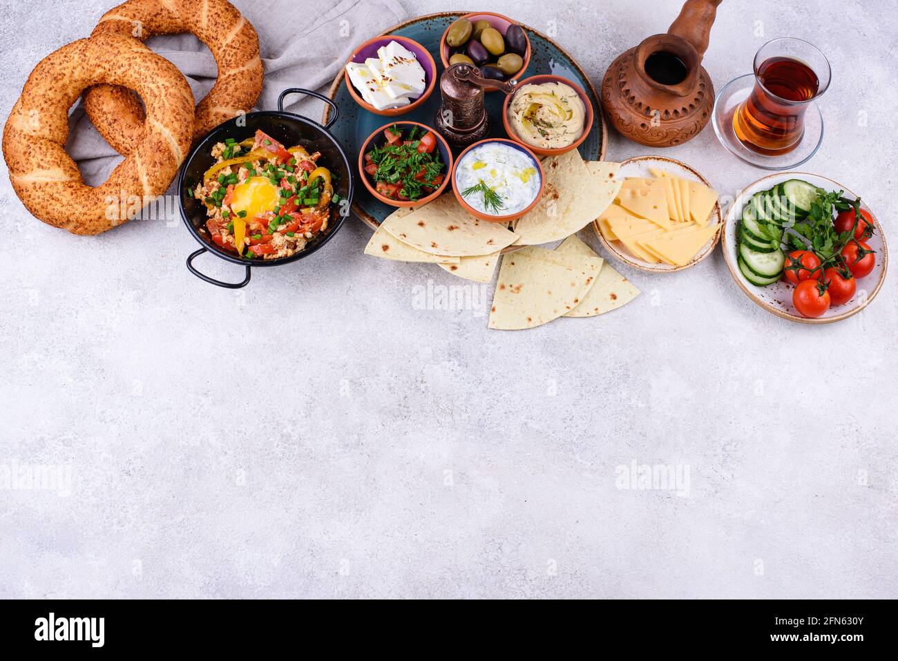 Traditional Turkish breakfast with meze and simit Stock Photo - Alamy