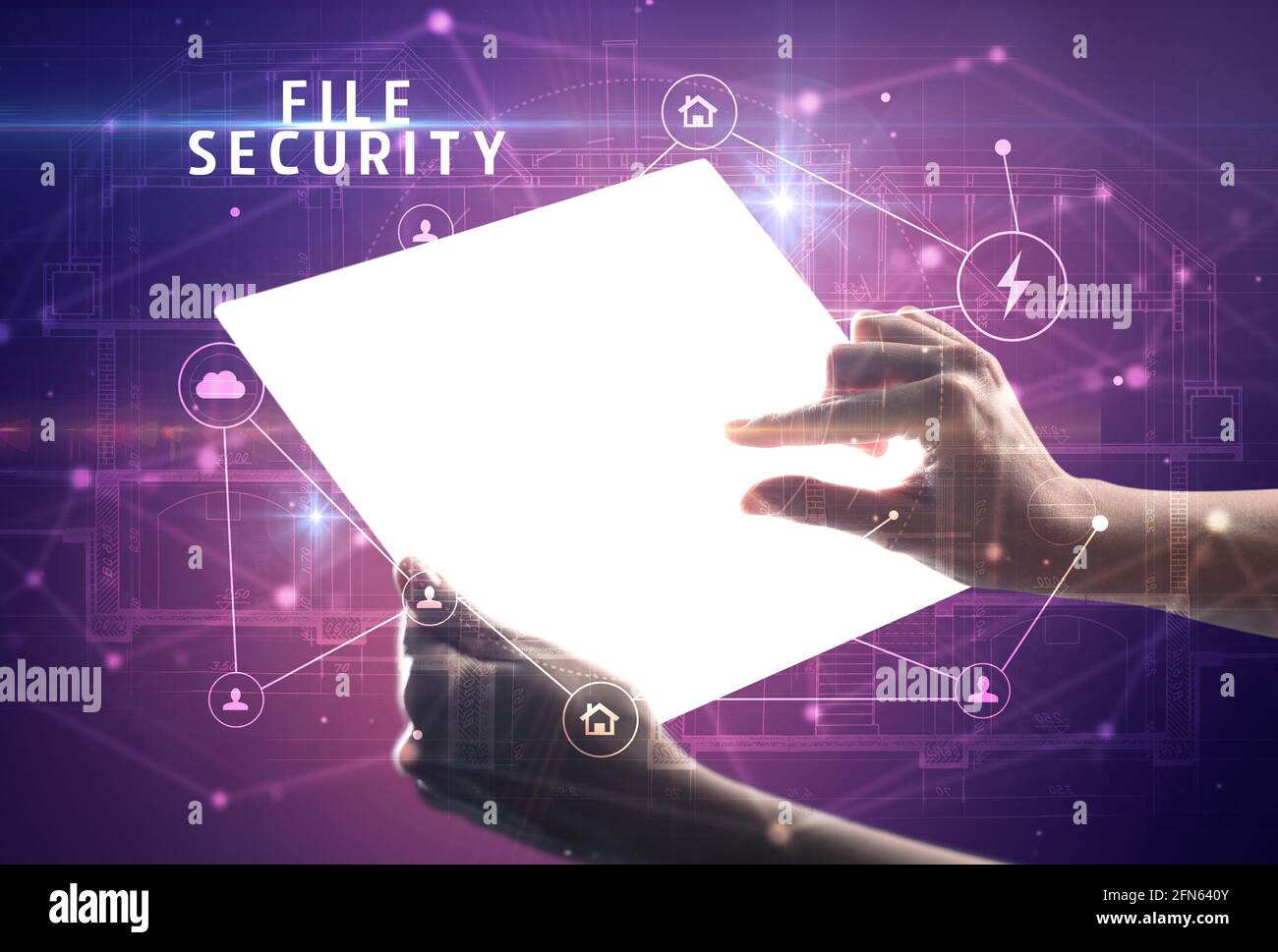 Holding futuristic tablet, security concept Stock Photo - Alamy