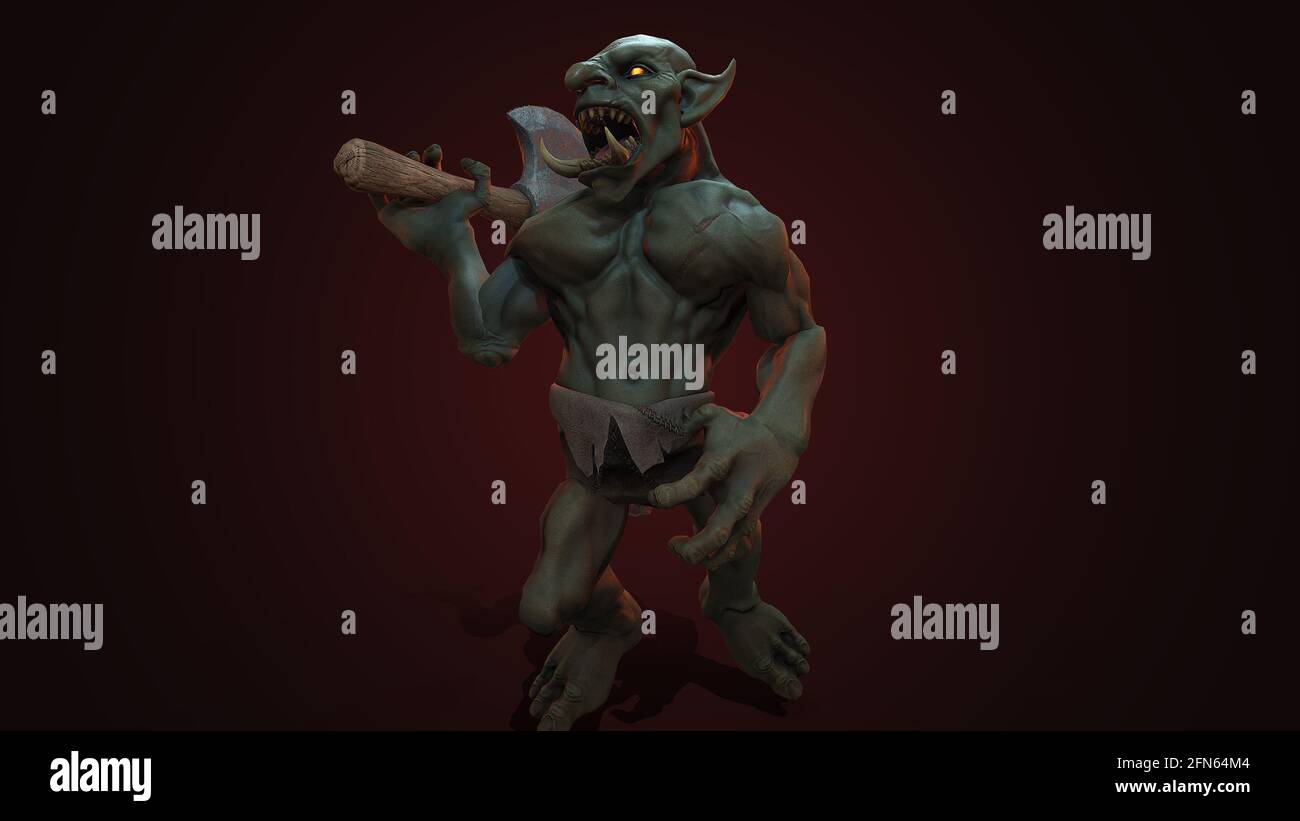 Fantasy character Troll Berserker in epic pose - 3D render on dark ...