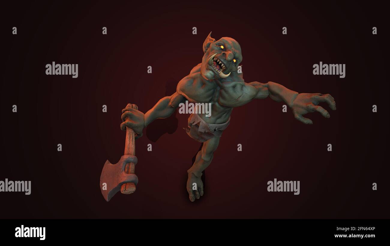 Fantasy character Troll Berserker in epic pose - 3D render on dark ...