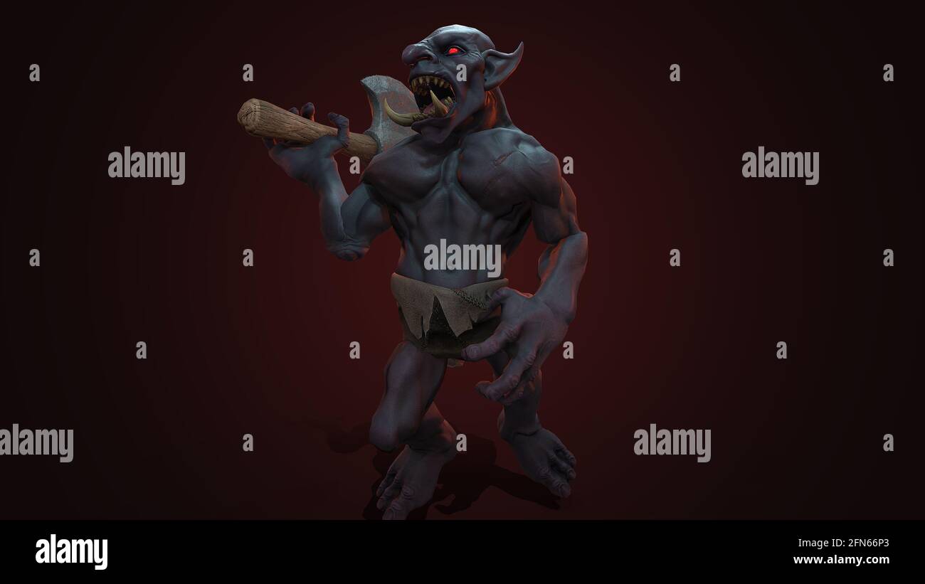 Fantasy character Troll Berserker in epic pose - 3D render on dark ...