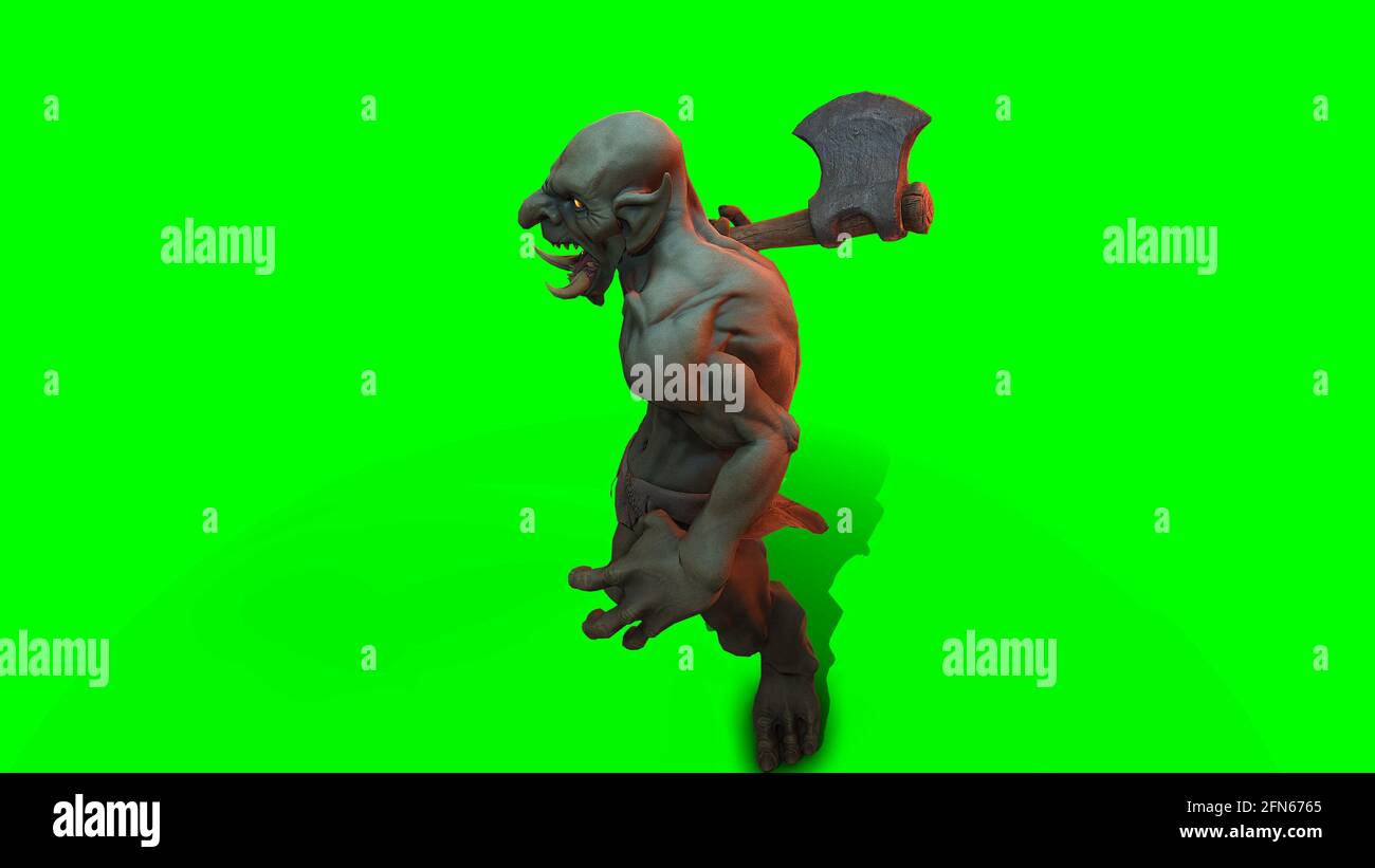 Fantasy character Troll Berserker in epic pose - 3D render on green ...