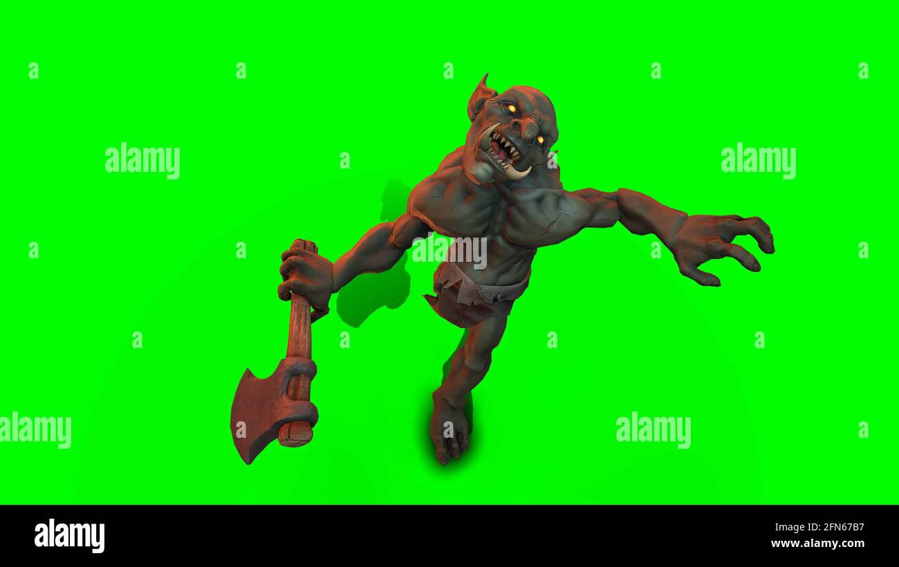 Fantasy character Troll Berserker in epic pose - 3D render on green ...