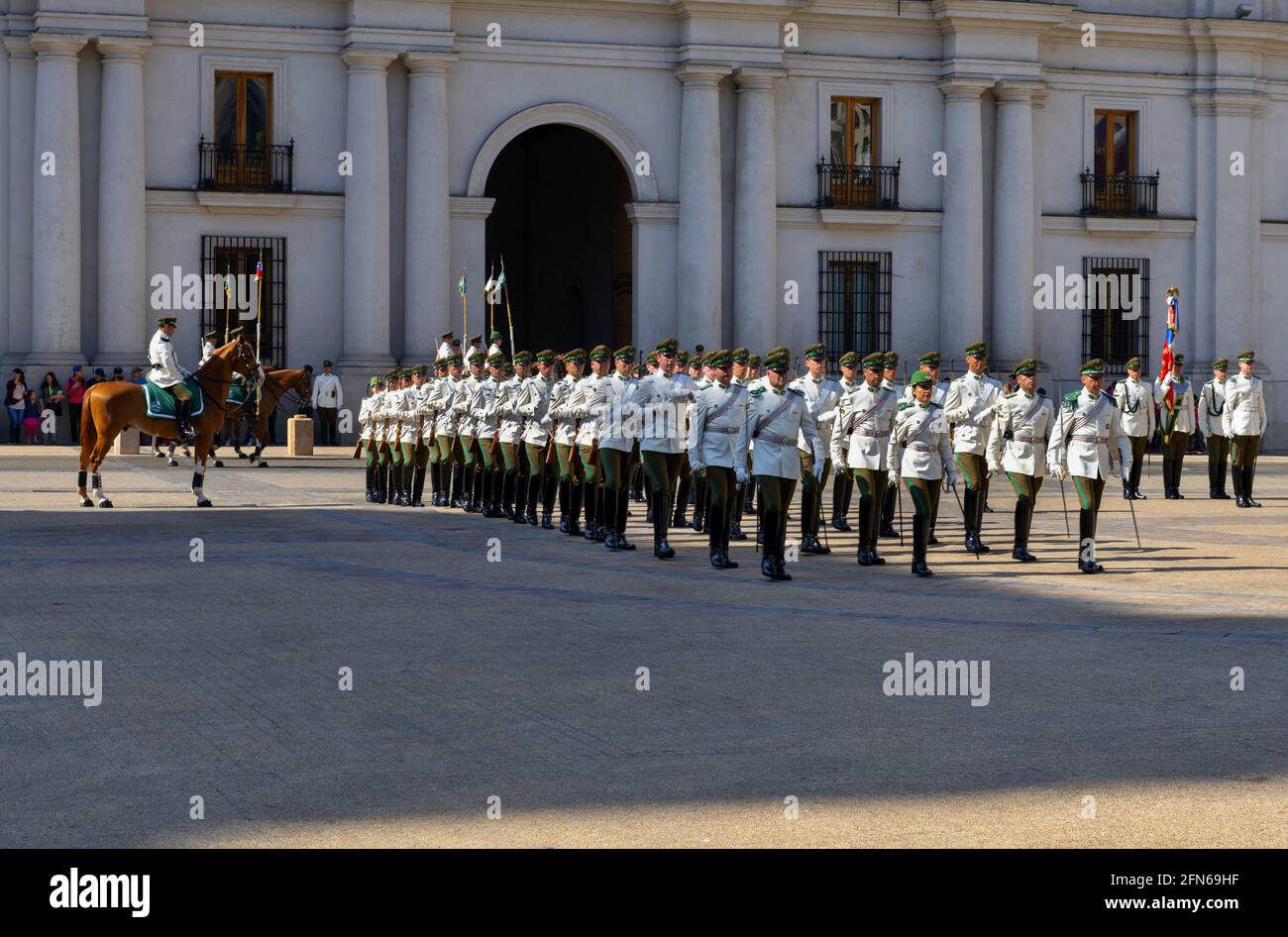 Guard changing in front of the presidential palace in Santiago de Chile ...