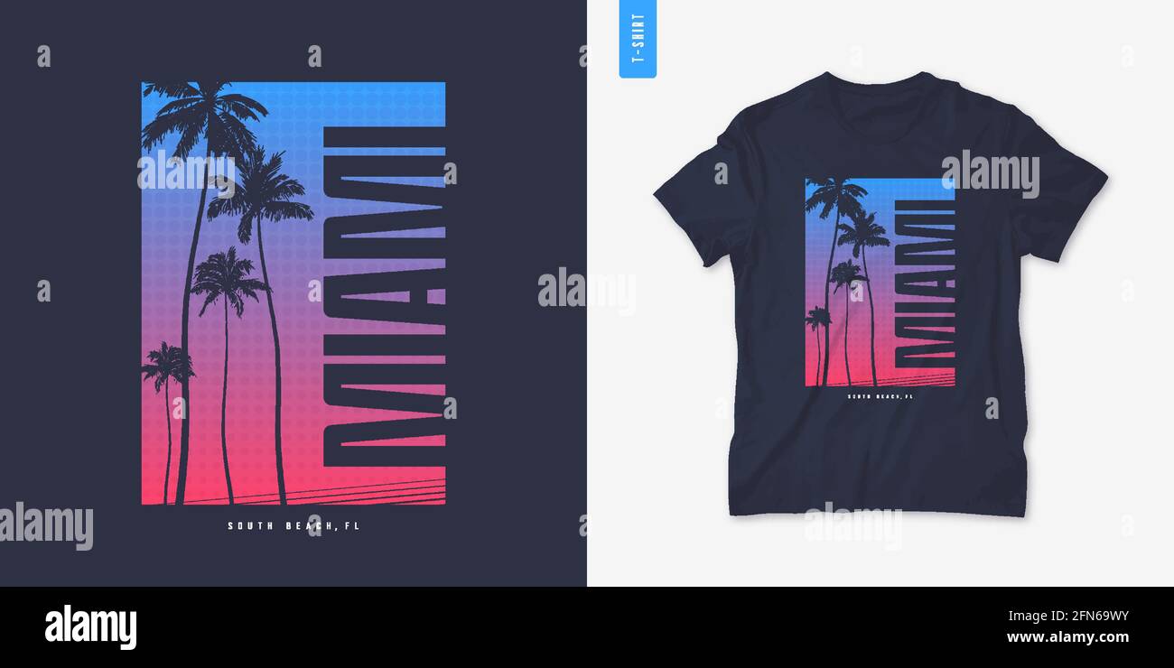 Miami Florida graphic t-shirt design with palm tress, summer retro ...
