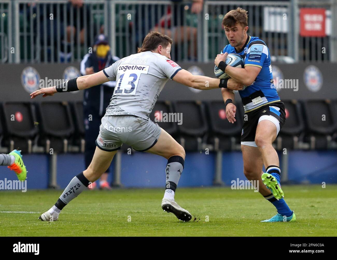 Sale Sharks' Sam James (left) and Bath Rugby's Tom De Glanville during ...