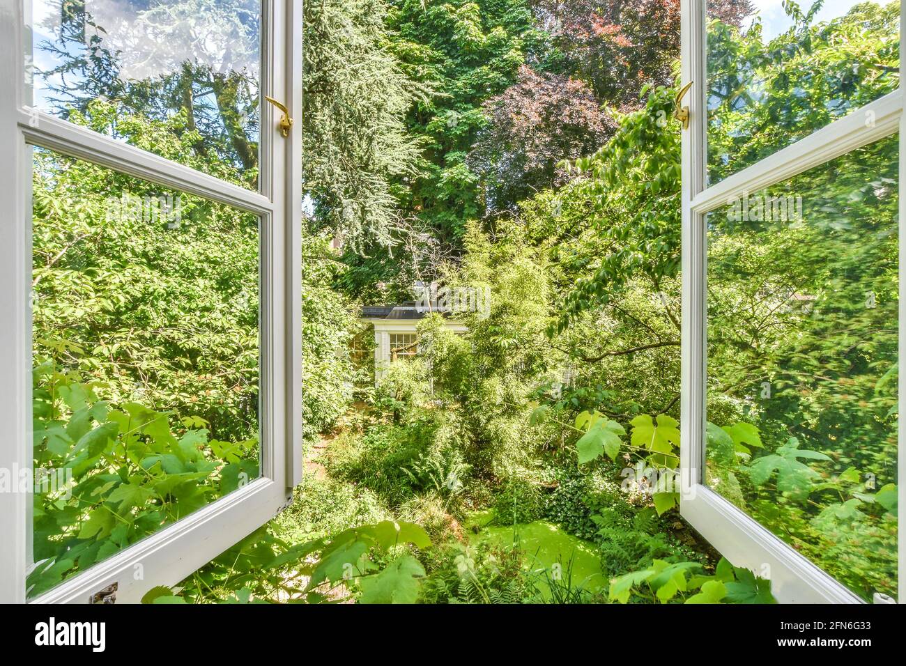 Opened window viewing lush greenery Stock Photo - Alamy
