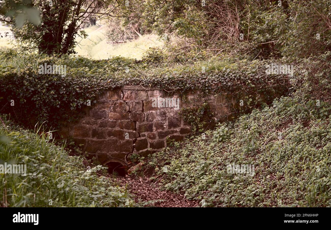 A simple bridge construction: a pipe with bricks placed over it. The ...
