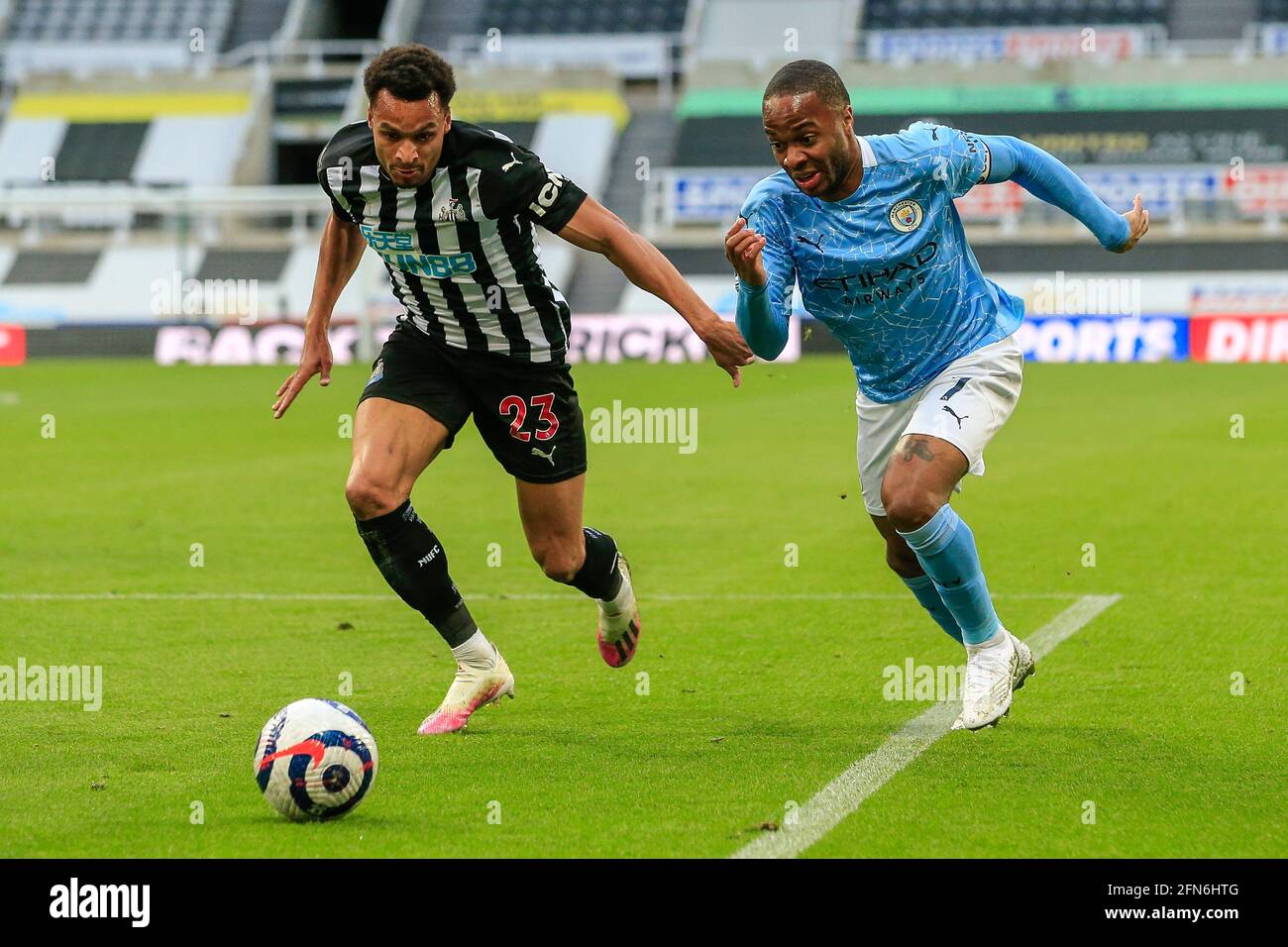 Jacob Murphy #23 of Newcastle United and Raheem Sterling #7 of ...