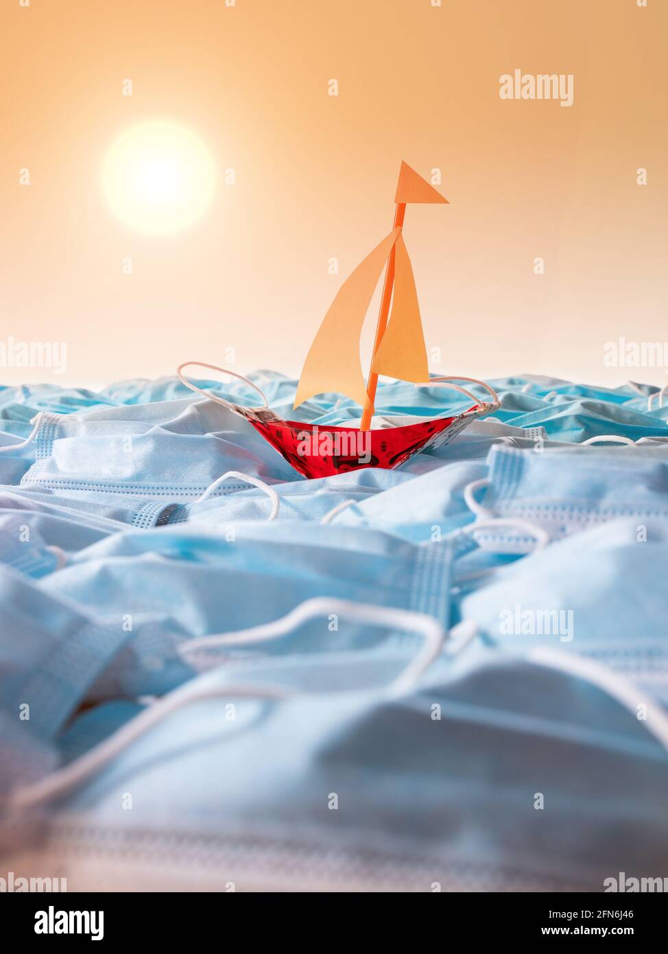 Safety surgical masks arrangement with metaphor of sailing boat on ...