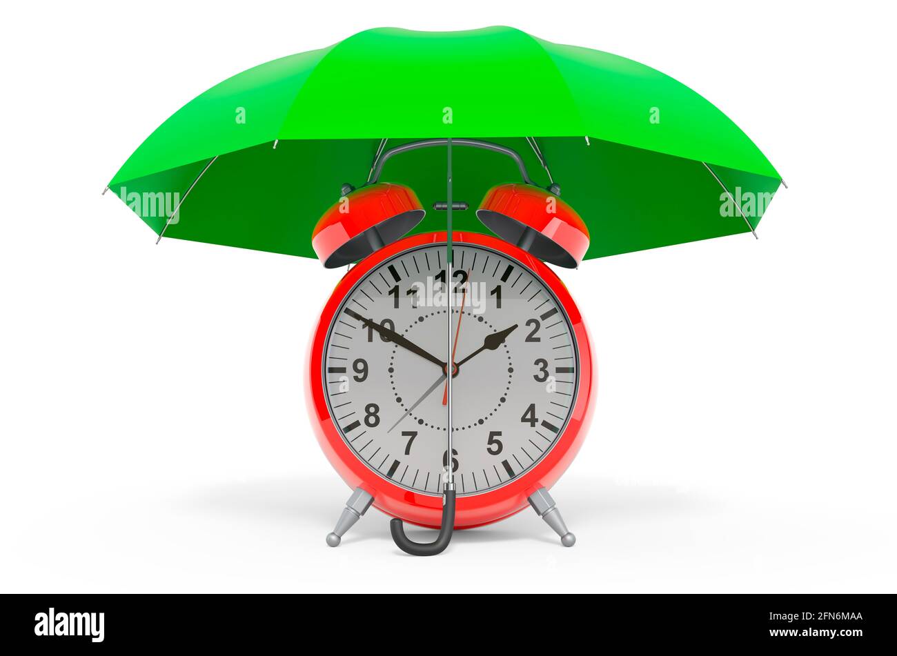 Alarm clock under umbrella, 3D rendering isolated on white background ...