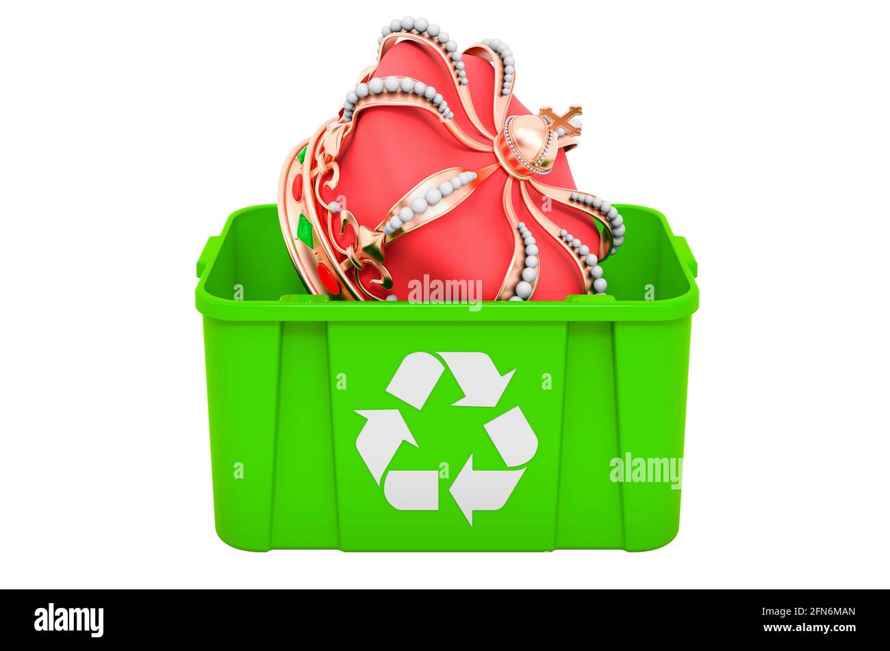Recycling trashcan with golden crown. 3D rendering isolated on white ...