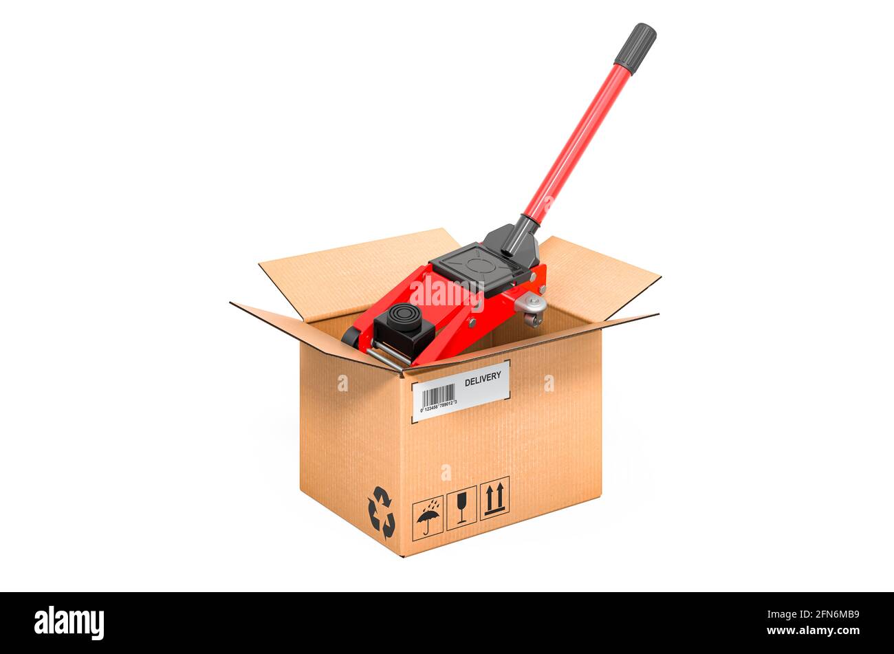 Hydraulic floor jack inside cardboard box, delivery concept. 3D ...