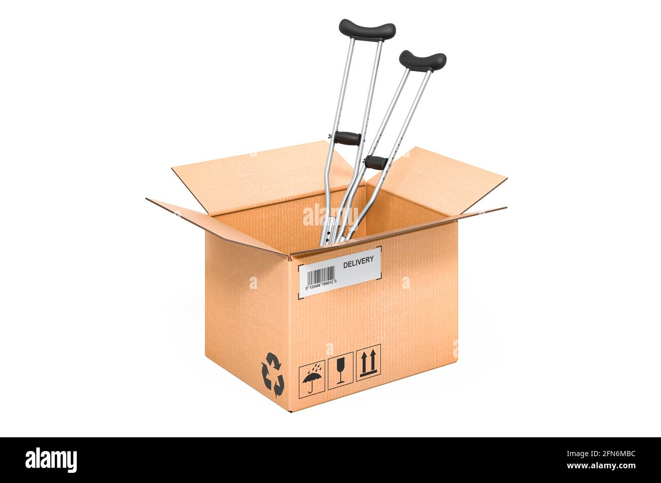 Underarm crutches inside cardboard box, delivery concept. 3D rendering ...