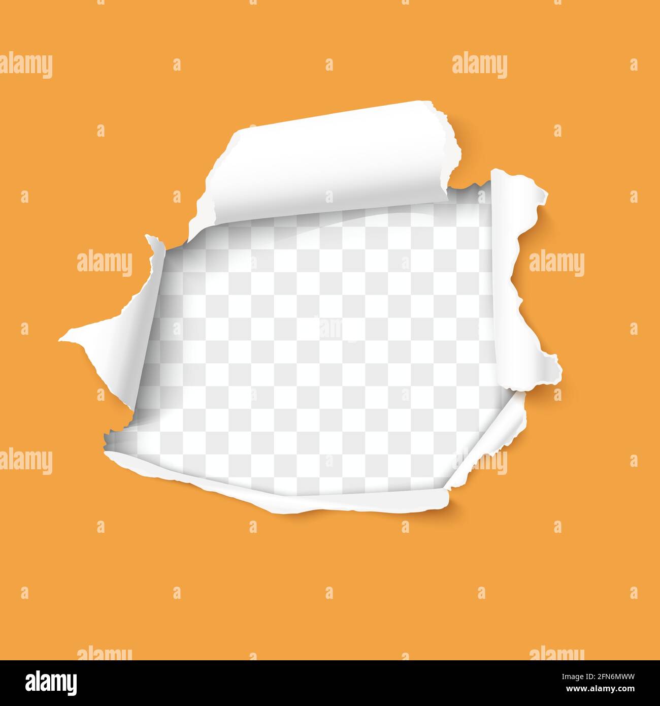 Torn hole and ripped of orange paper sheet isolated on a transparent ...