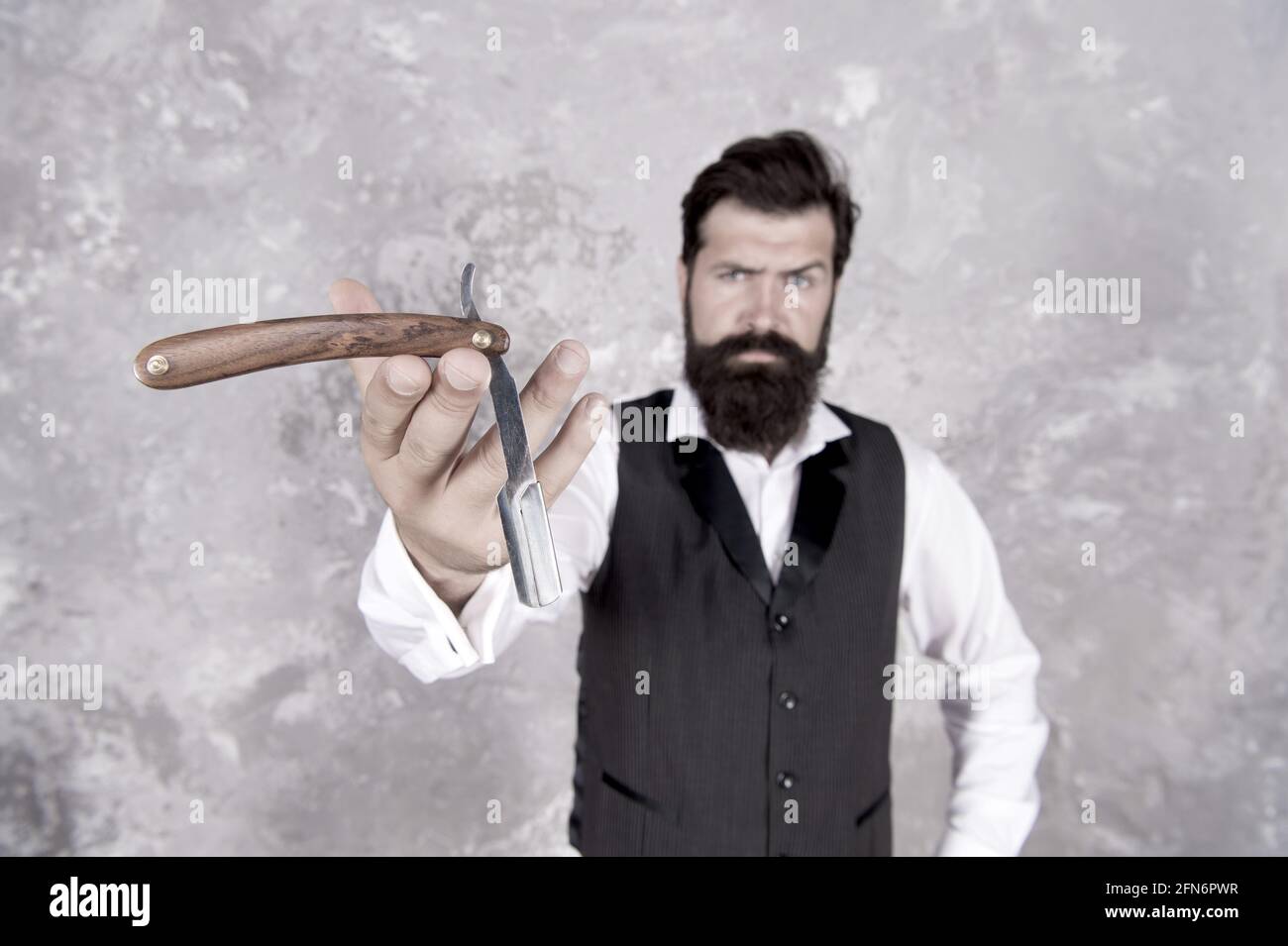 Razor blade selective focus. Shaving man has razor. Hair salon for men ...
