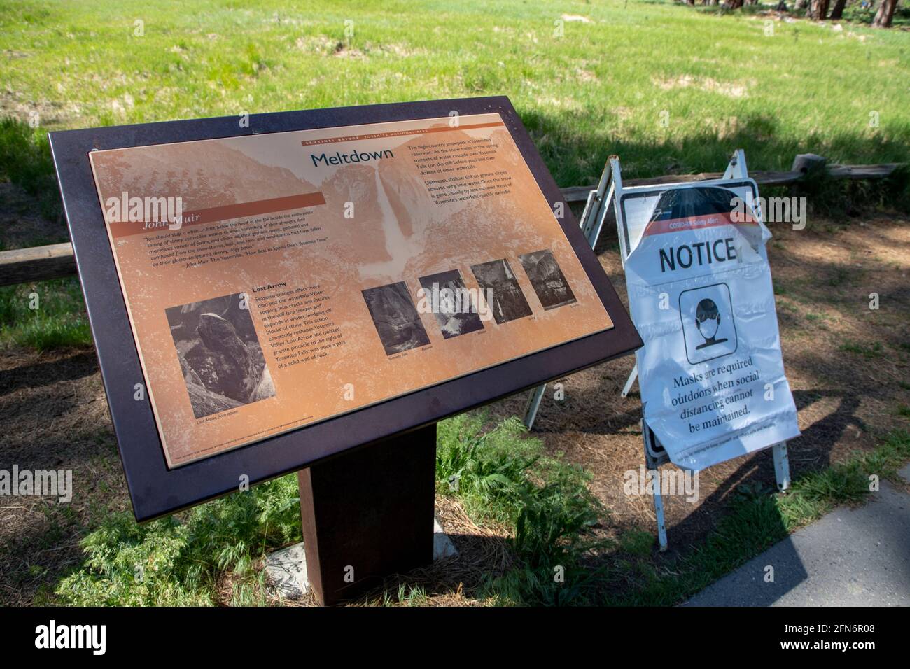 Sign in the meadow below Yosemite Falls at Sentinel Bridge parking area ...