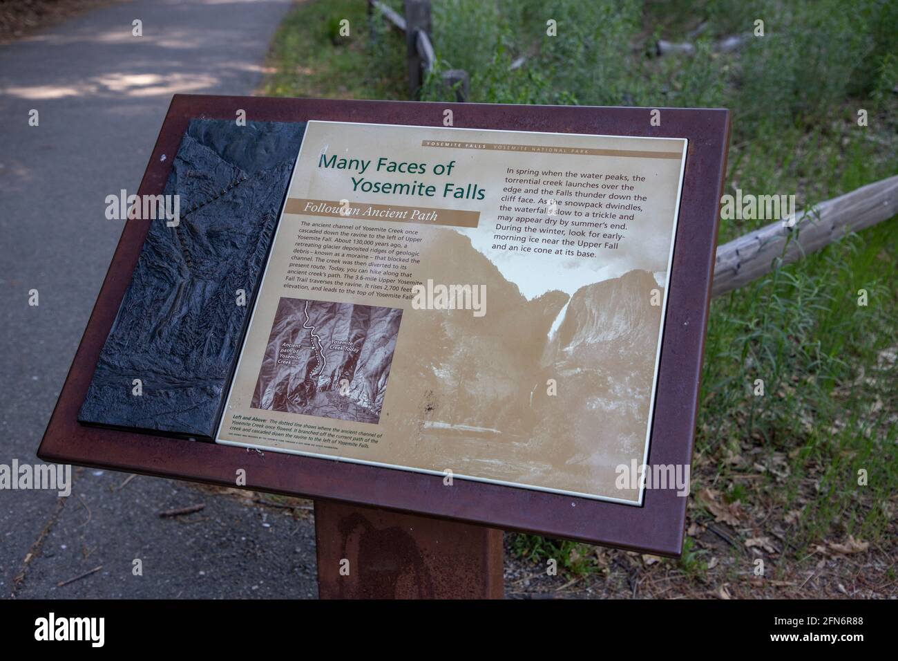 Sign in the meadow below Yosemite Falls at Sentinel Bridge parking area ...