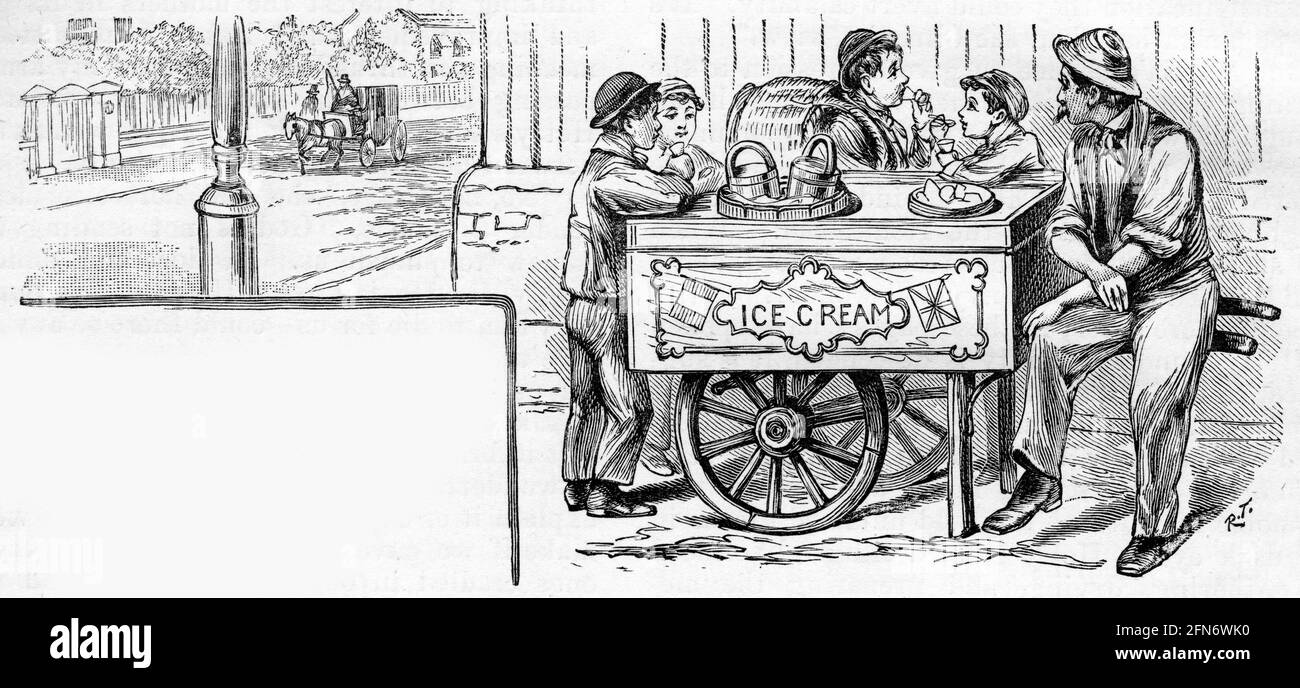 Engraving of boys enjoying an ice-cream on the streets of Victorian ...
