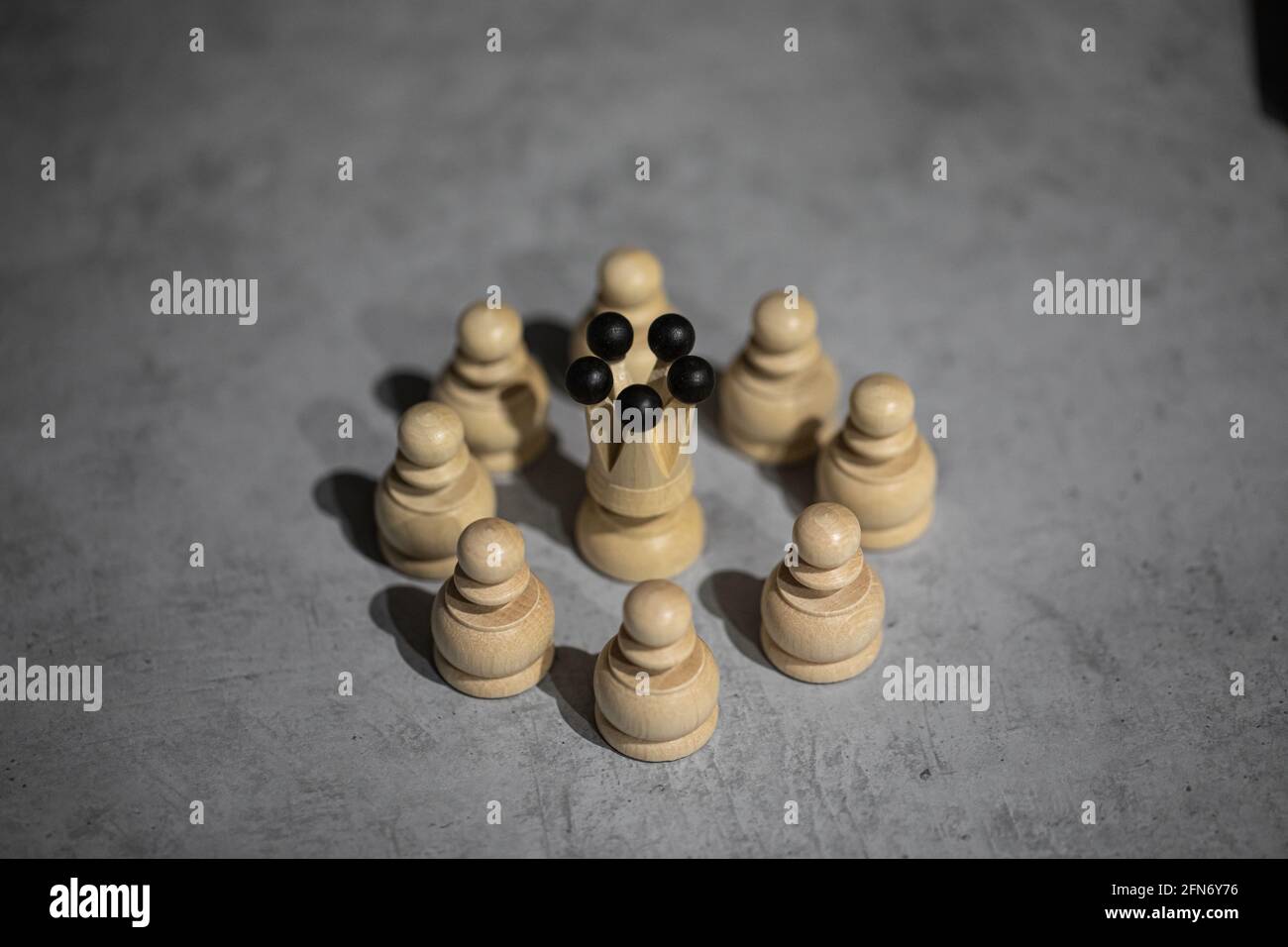 white queen wooden chess piece surrounded by white pawns standing on ...