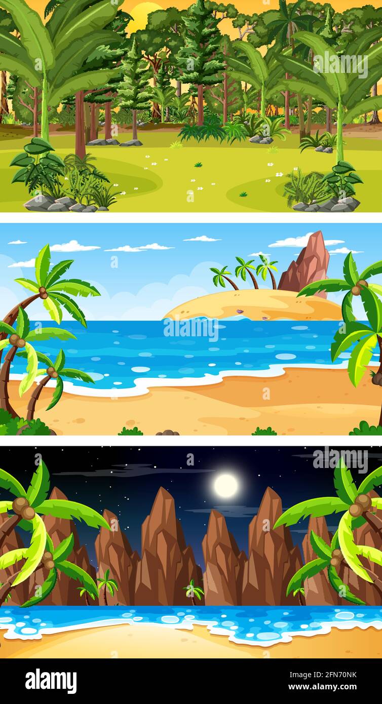 Three different forest horizontal scenes illustration Stock Vector ...