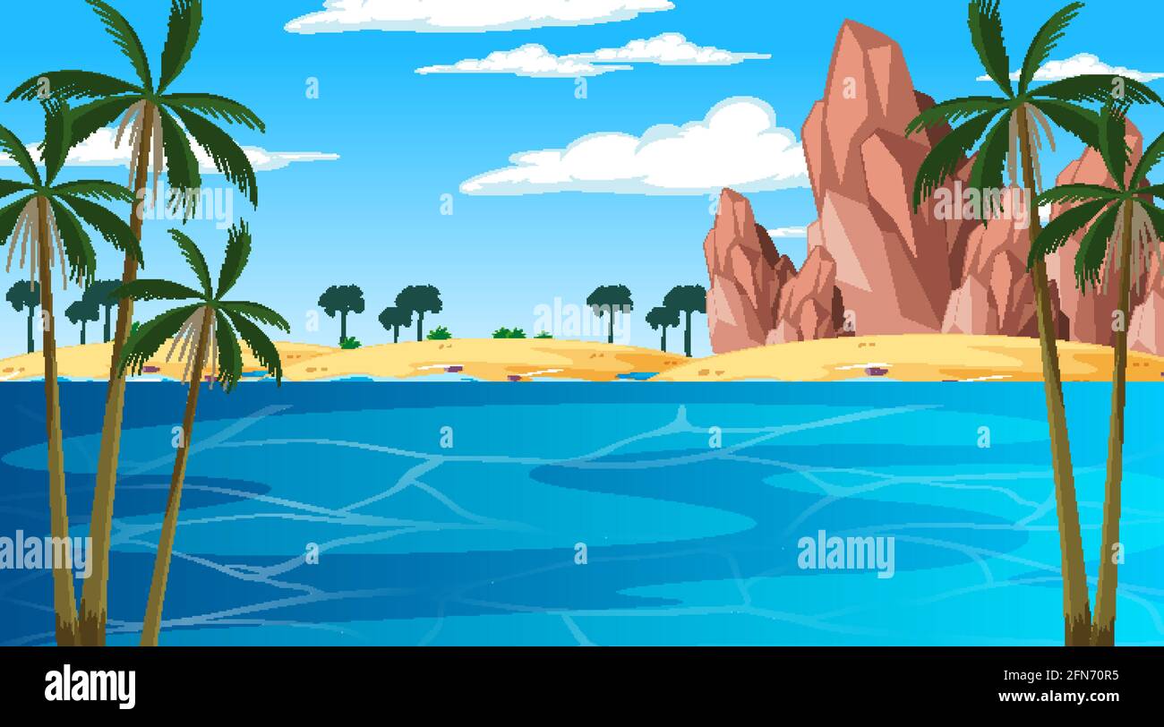Tropical beach landscape scene at day time illustration Stock Vector ...