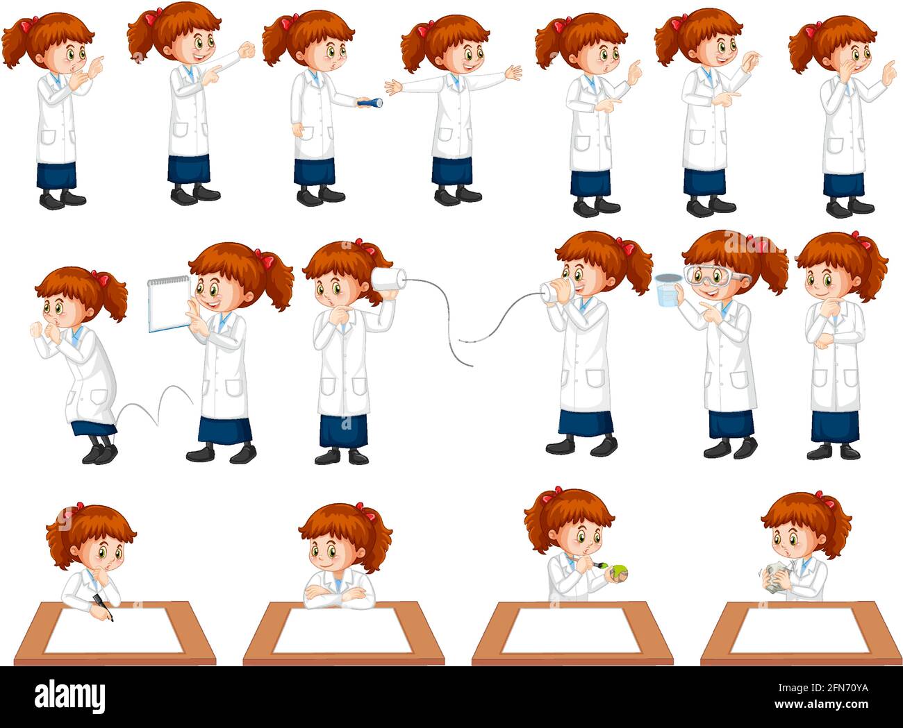 Set of a scientist girl doing different experiment illustration Stock ...