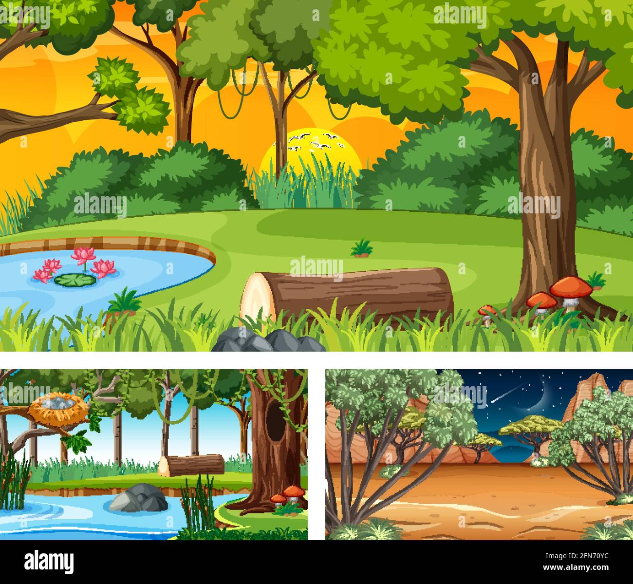 Set of different forest horizontal scenes illustration Stock Vector ...