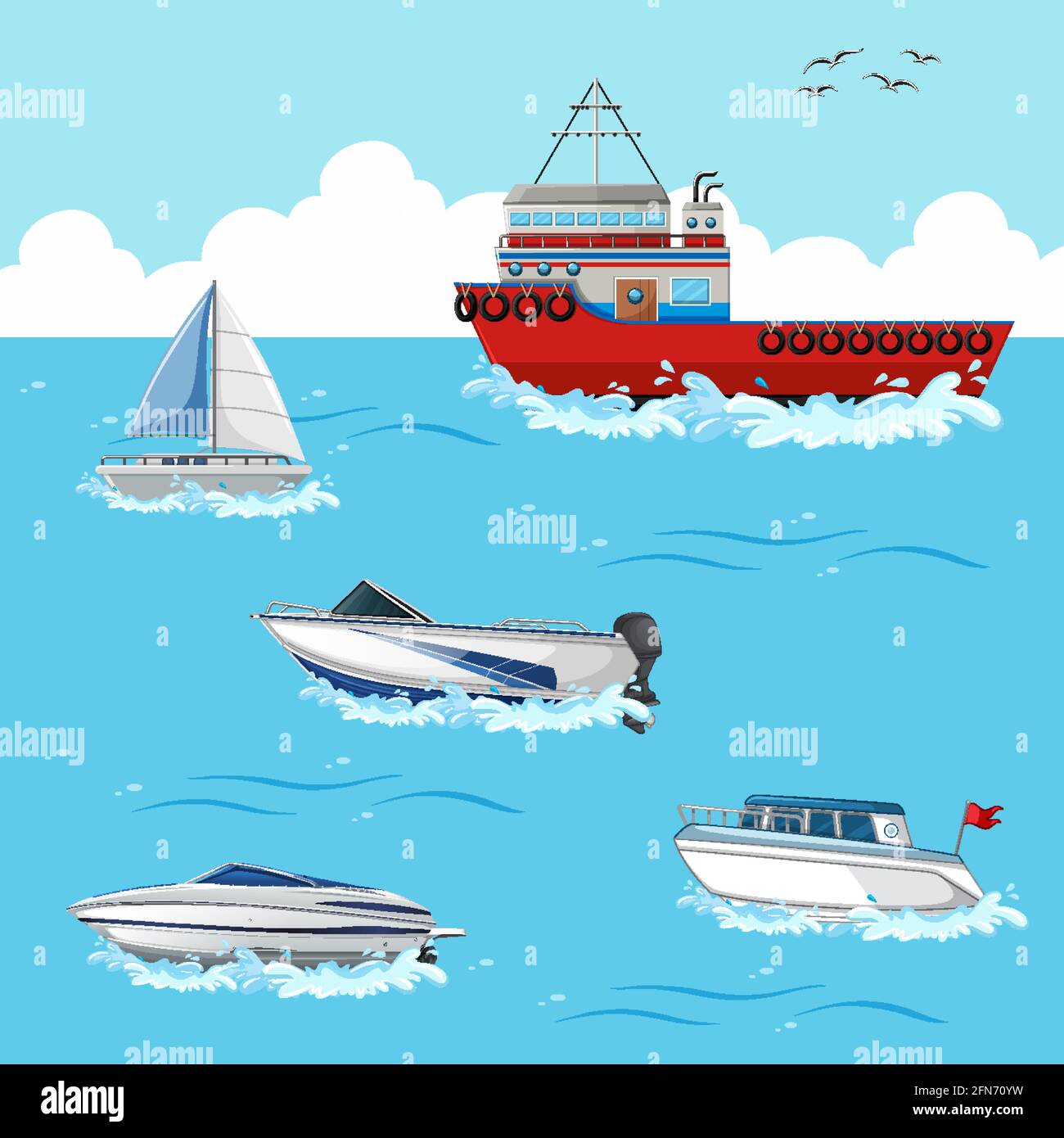 Many different ships on the ocean scene illustration Stock Vector Image ...