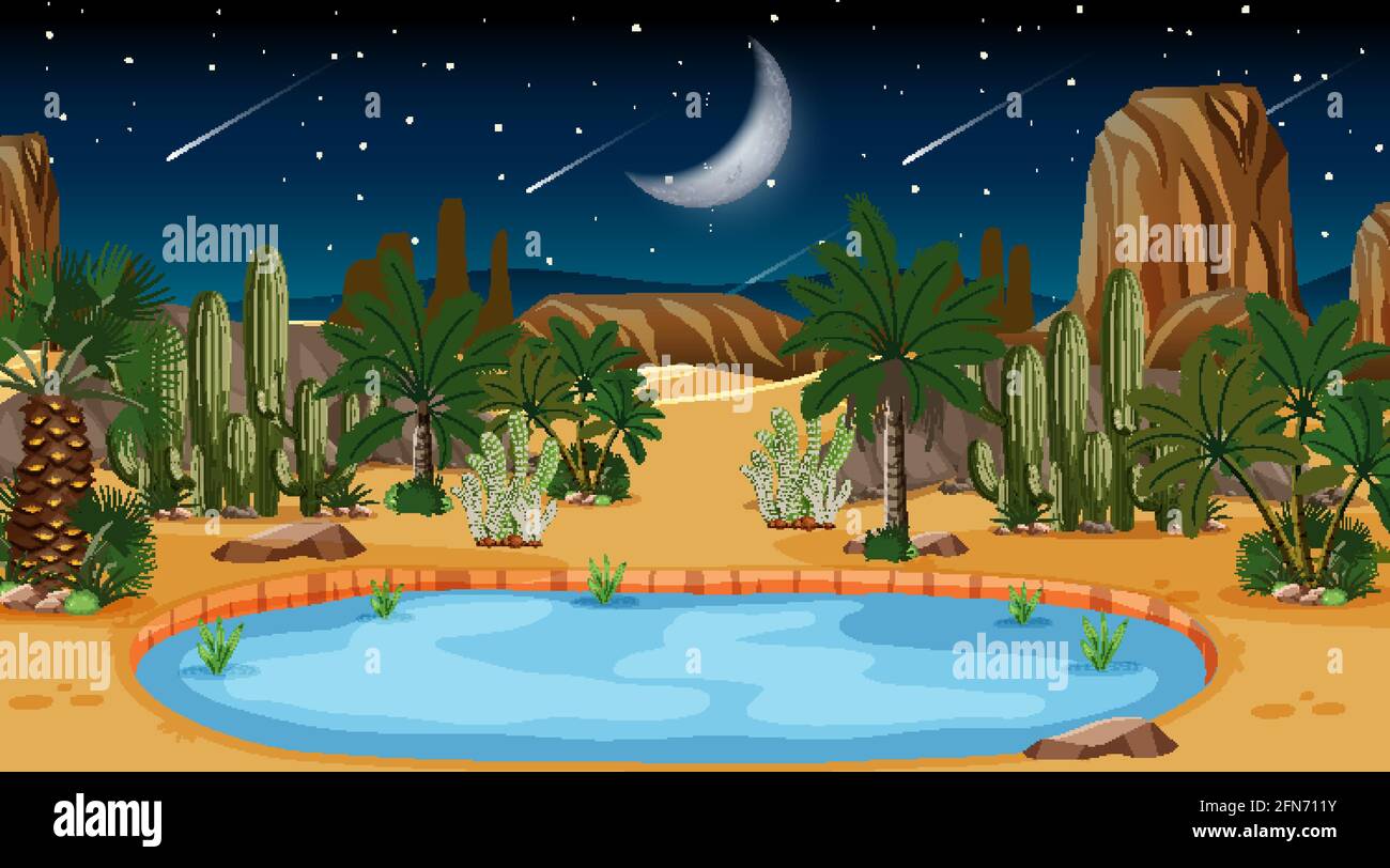Desert forest landscape at night scene with oasis illustration Stock Vector Image & Art - Alamy