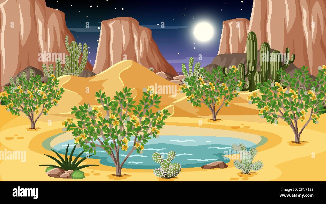 Desert forest landscape at night scene with oasis illustration Stock Vector Image & Art - Alamy