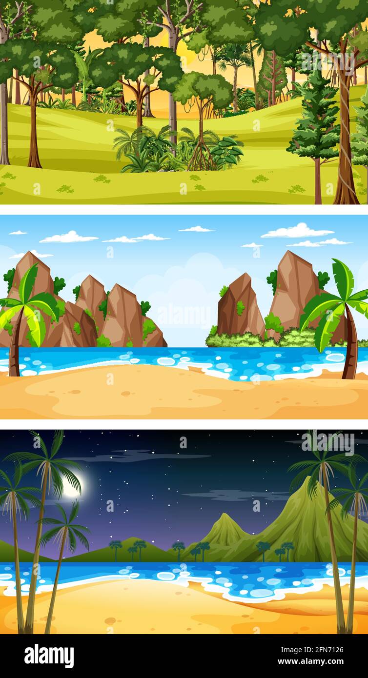 Set of three different forest horizontal scenes illustration Stock ...