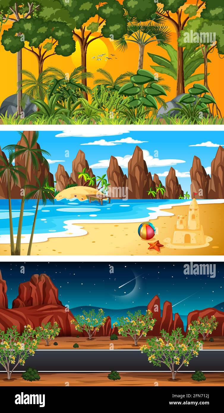 Three different forest horizontal scenes illustration Stock Vector ...