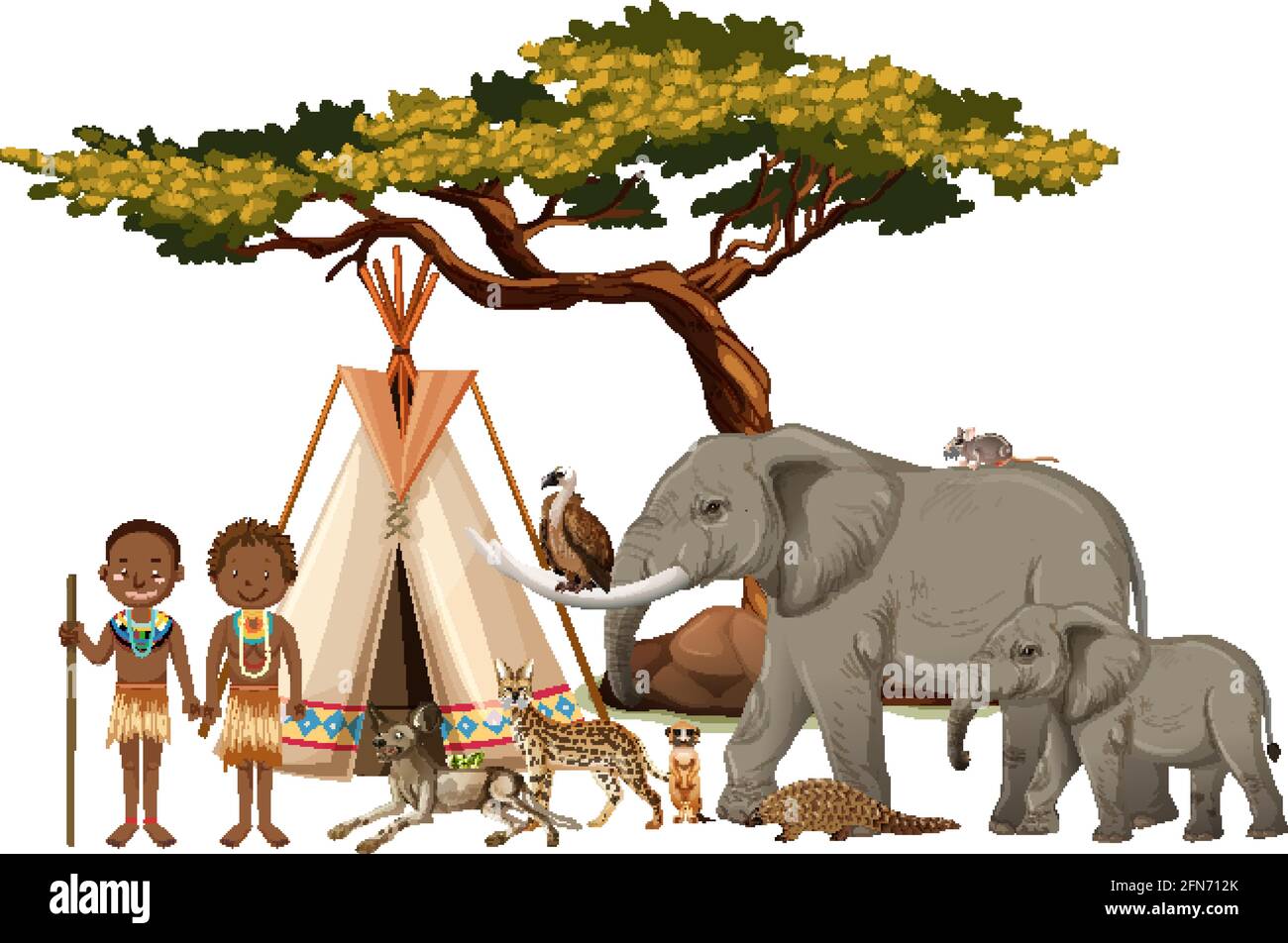 African tribe with group of wild african animal on white background ...