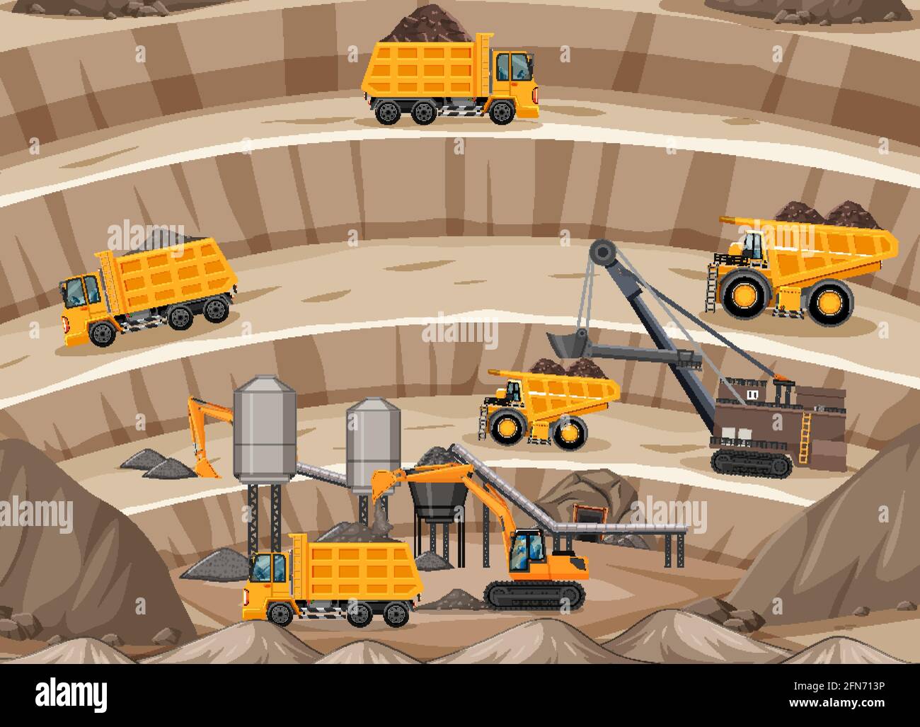 Landscape of coal mining scene with crane and trucks illustration Stock ...