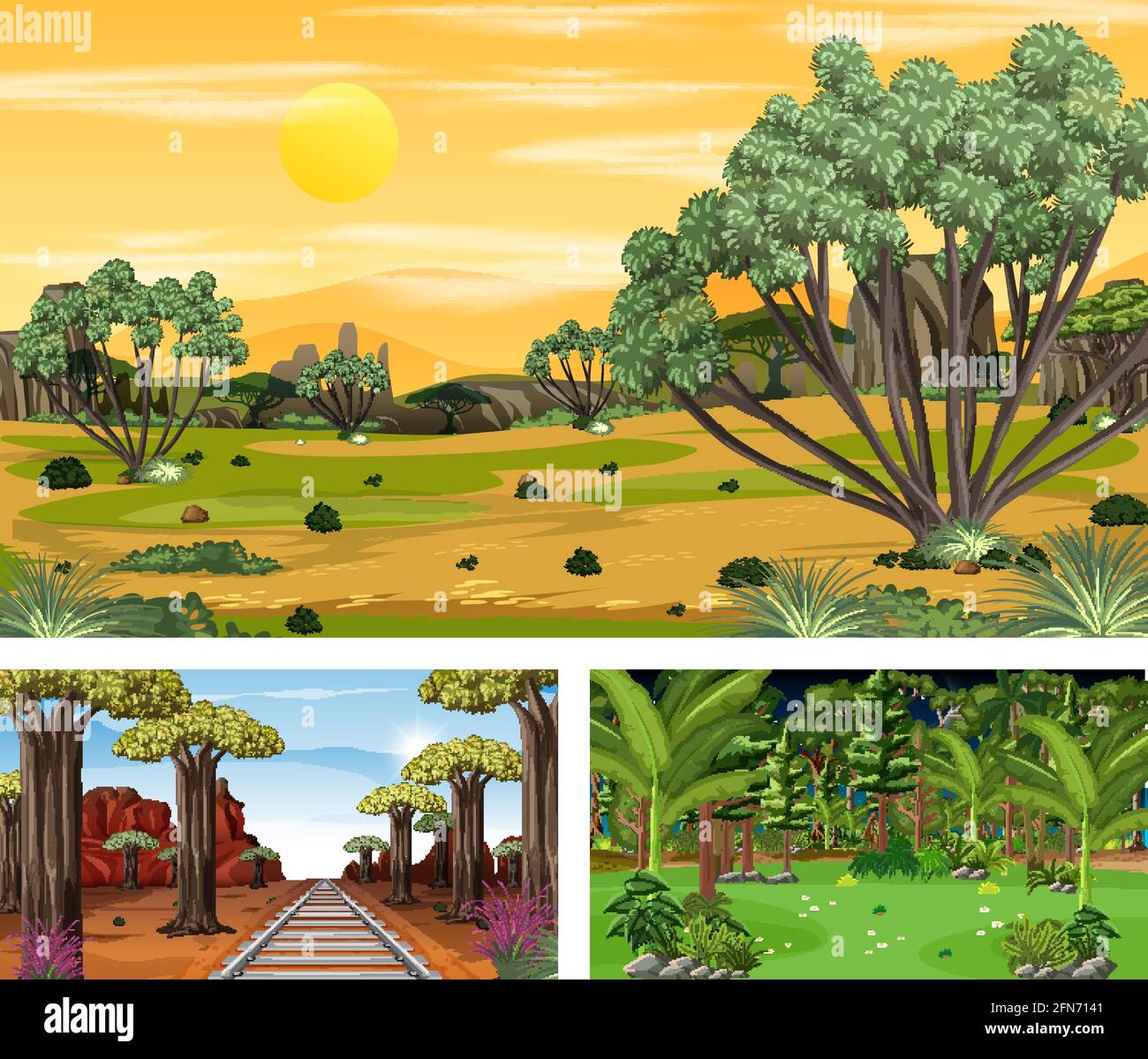 Set of savanna forest in different times horizontal scenes illustration ...
