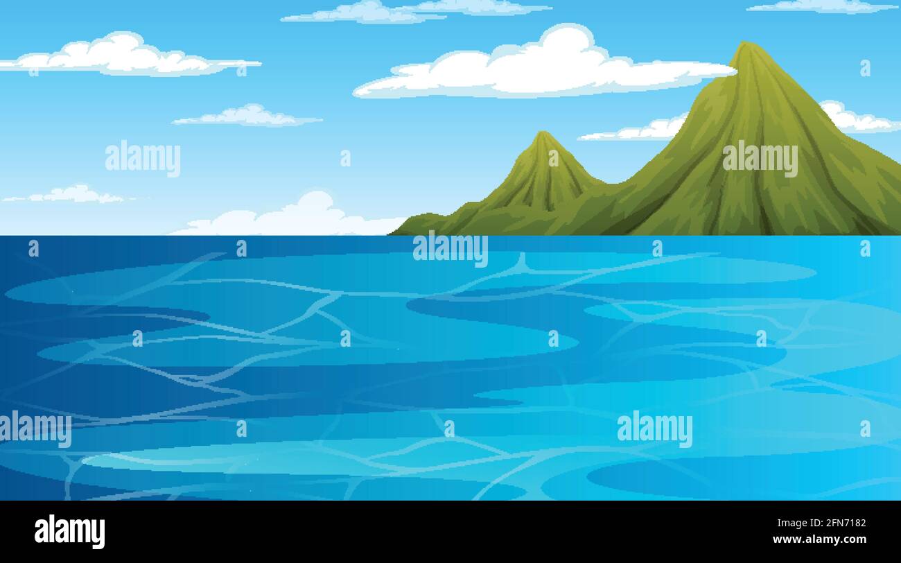 Ocean at daytime landscape scene with mountain background illustration ...