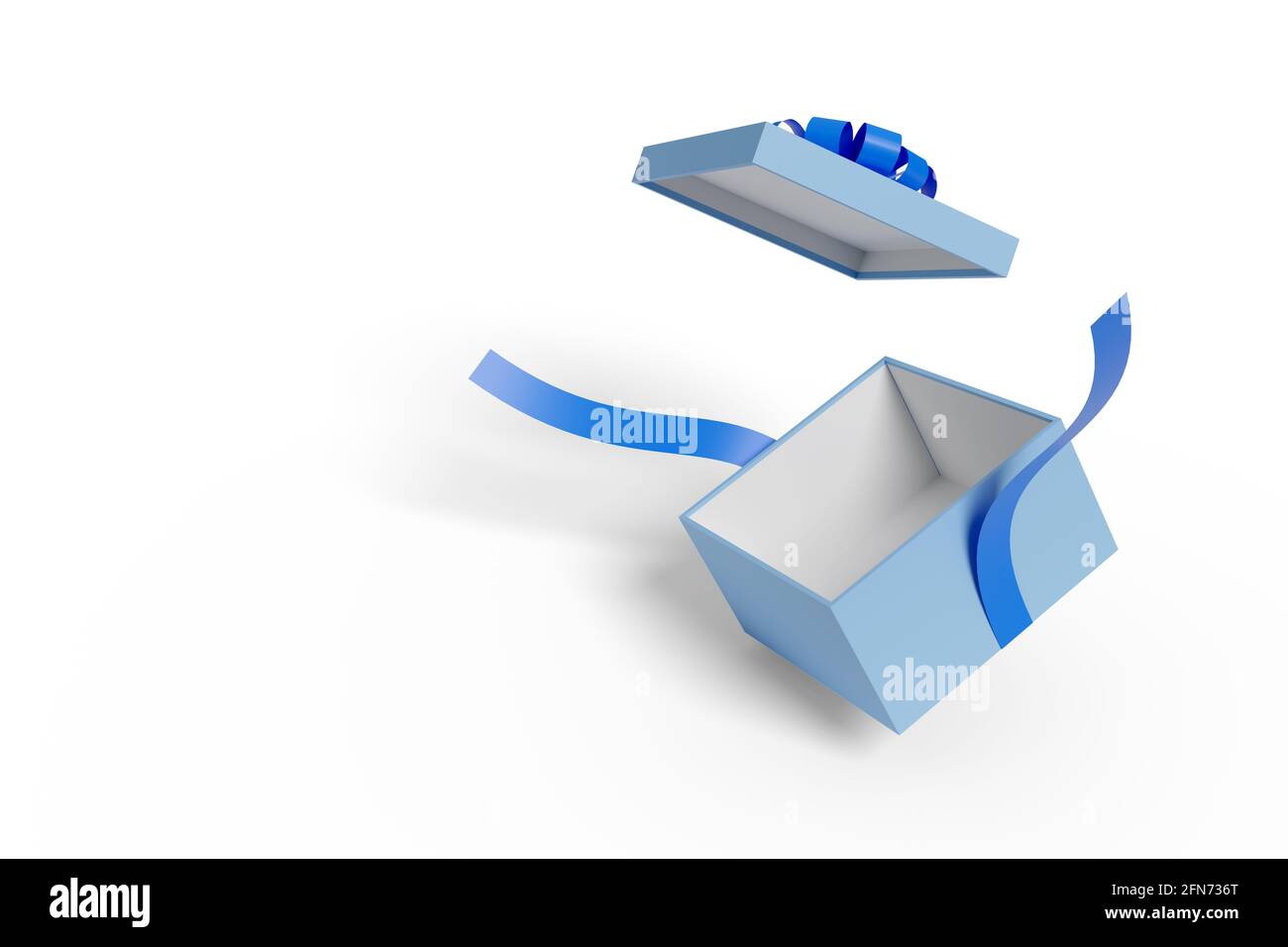 Open blue gift box with blue bow isolated on a white background. 3d ...