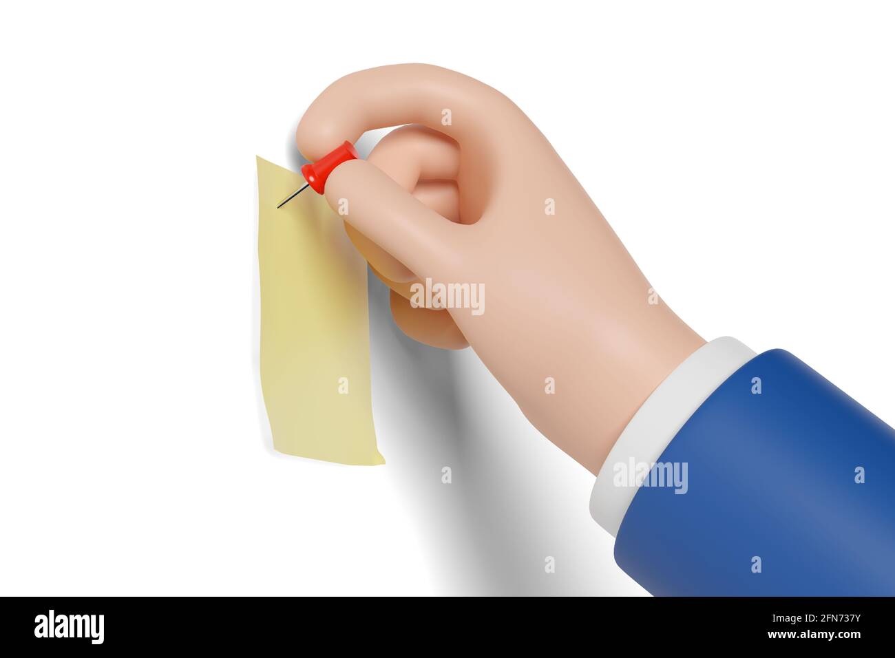 Cartoon hand putting a pin in a note isolated in white background. 3d ...