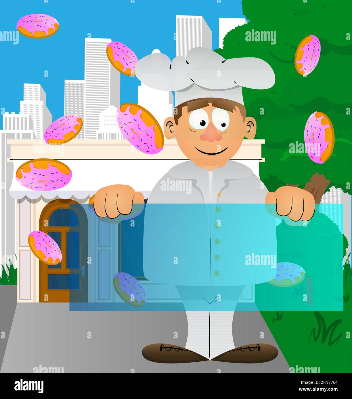 Fat male cartoon chef in uniform holding big blank sign. Vector ...