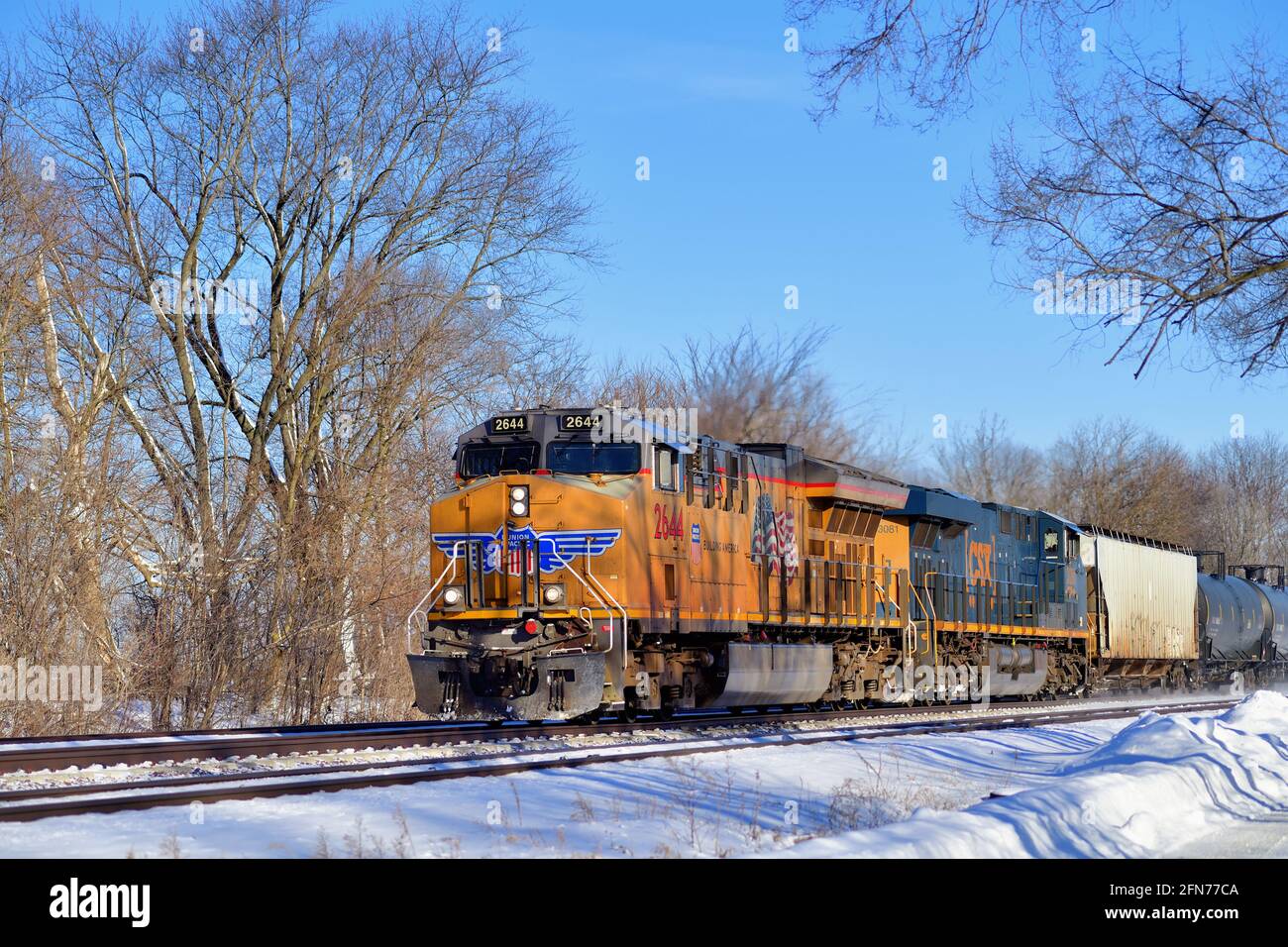 La Fox, Illinois, USA. Two locomotives, including one off-road CSXT ...