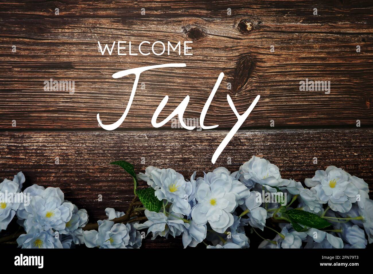 Welcome June text and blue flower decoration on wooden background Stock ...