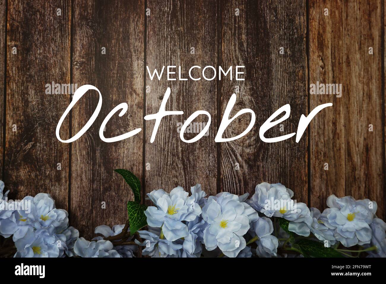 Welcome October text and blue flower decoration on Stock Photo - Alamy