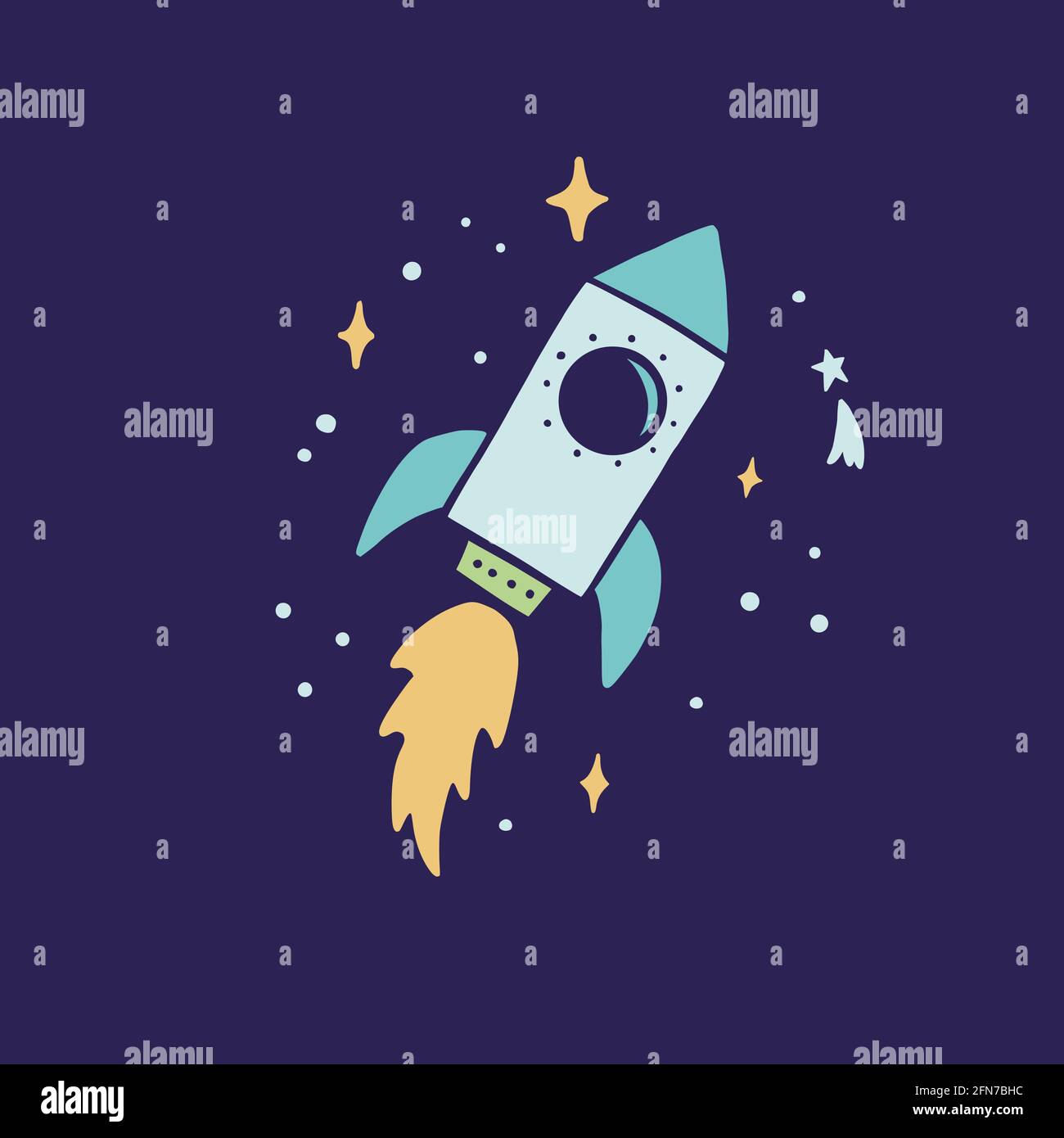 Flying to Space cartoon rocket. Hand drawn kids style vector ...