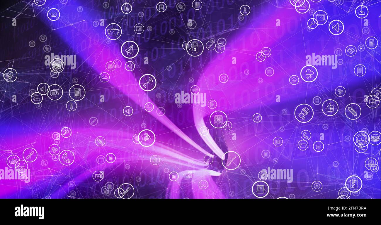 Composition of network of connections with digital icons over purple ...